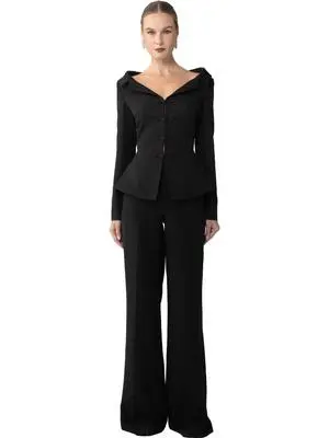 SAU LEE High Rise Pleated Flared Crepe Pants - Black