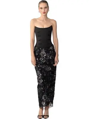 SAU LEE Arielle Embroidered Midi Skirt - Black