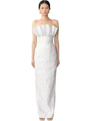 SAU LEE SAU LEE Strapless Jacquard Gown With Ruffle Detail Silver