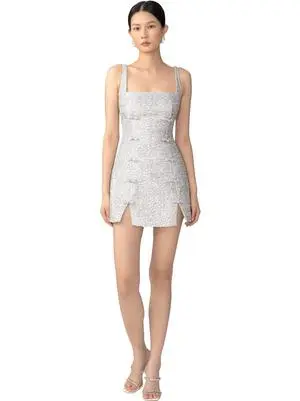 SAU LEE Aidan Tweed Mini Dress With Pipa Knots - Silver