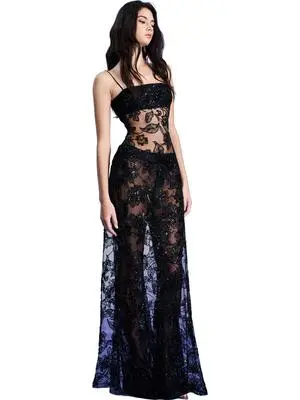 SAU LEE Adeline Embellished Floral Lace Maxi Dress - Black