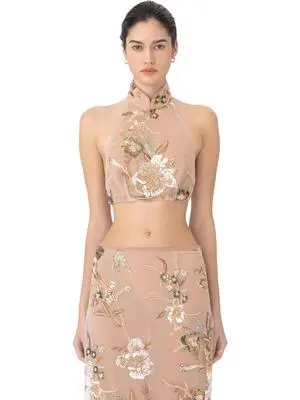 SAU LEE SAU LEE Eliza Embellished Halter Neck Cropped Top