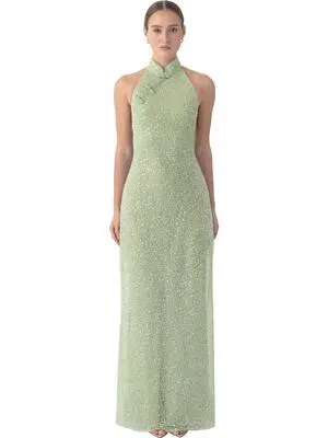 SAU LEE SAU LEE Grace Beaded Maxi Cheongsam Dress