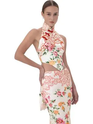 SAU LEE Fiora Peony & Clouds Print Satin Scarf Top - White Multi