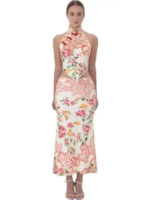 SAU LEE Fiora Printed Satin Midi Skirt - White Multi