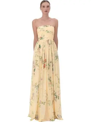 SAU LEE Camille Strapless Watercolour Floral Chiffon Maxi Dress - Soft Yellow