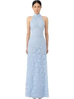 SAU LEE Gillian Lace Cheongsam Inspired Maxi Dress - Sky Blue