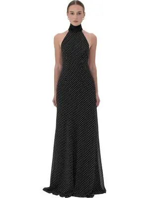 SAU LEE Tanya Polka Dot Chiffon Halterneck Maxi Dress - Black