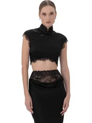 SAU LEE Lila Satin Cropped Top With Chantilly Lace Trim - Black