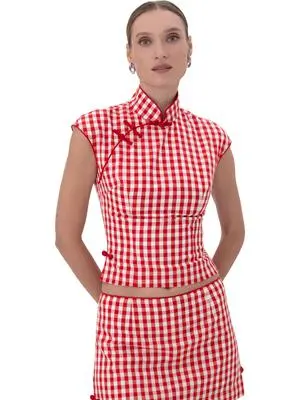 SAU LEE Zoe Top Checkered Cotton Mandarin Collar Blouse - Red