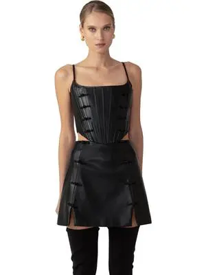 SAU LEE Nadia Faux Leather Corset Top - Black