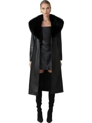 SAU LEE SAU LEE Simone Belted Faux Leather Overcoat With Detachable Faux Fur Shawl Collar