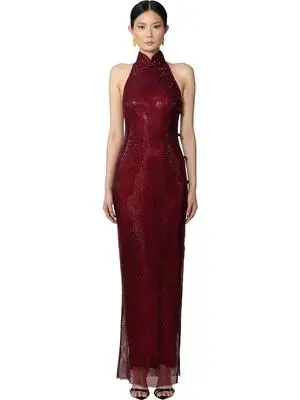 SAU LEE Crystal Cheongsam Maxi Dress - Dark Cherry