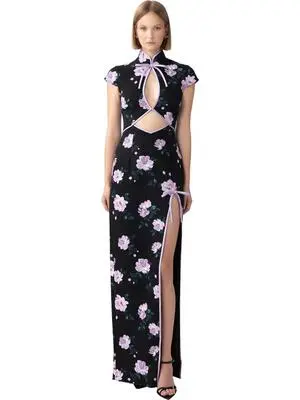 SAU LEE Beatrix Floral Print Crepe Cheongsam Maxi Dress - Black Multi