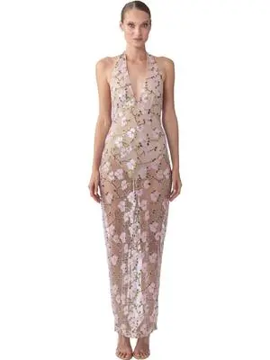 SAU LEE Olympia Beaded Floral Maxi Dress - Nude Multi