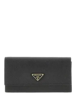 Prada Saffiano Leather Clutch With Enameled Triangle Logo - Black