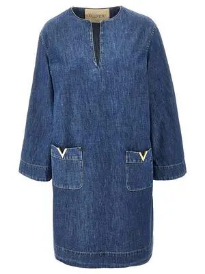 Valentino Garavani Denim Mini Dress With V Gold Detail - Blue