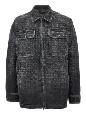 Balenciaga Logo Print Denim Overhirt - Black