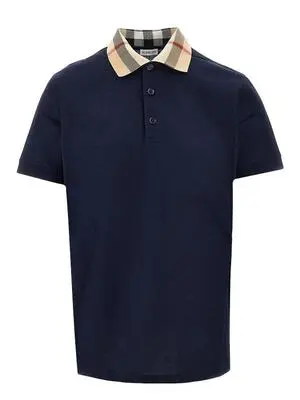 Burberry Piquet Polo Shirt With Check Collar An - Blue
