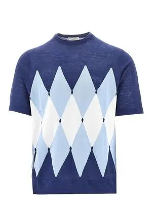 BALLANTYNE Short-sleeved Sweater With Jacquard Lozenge Motif - Blue