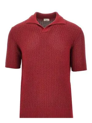 GALLIA KNIT Openworked Knit Polo Shirt - Red
