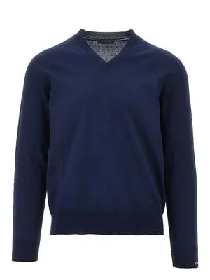 Prada V-neck Fine Cotton Sweater With Contrast Logo Intarsia - Blue