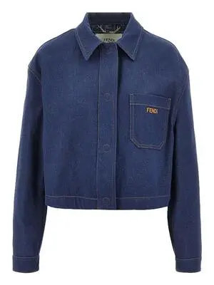 Fendi Cropped Denim Jacket With Logo Embroidery - Blue
