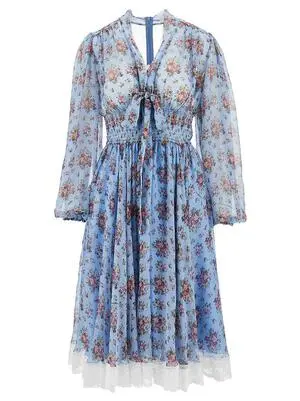 Dolce & Gabbana Floral Print Chiffon Midi Dress With Lace Trim - Blue