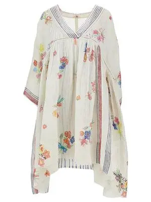 Pero Floral Sketch Print Linen Dress - White
