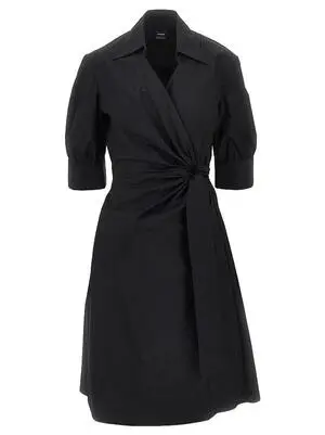 Pinko Stretch Cotton Wrap Midi Dress With Balloon Sleeves - Black