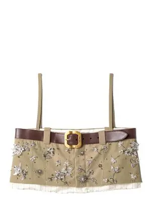 Miu Miu Embroidered Belted Top With Buckle Detail - Khaki