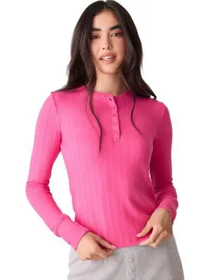 PJ Salvage Long Sleeve Pointelle Henley Top - Fuchsia
