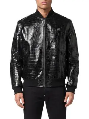 Philipp Plein Crocodile Print Leather Bomber Jacket - Black