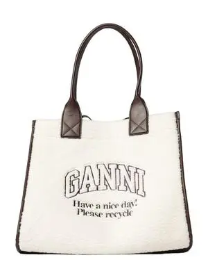 GANNI Shearling And Recycled Leather Tote Bag With Embroidered Logo - White
