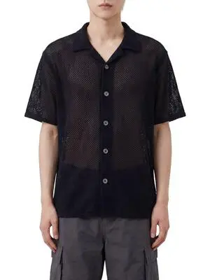 DUNST Crochet Knit Shirt In Cotton Blend With A Cuban Collar - Black