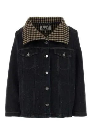 GANNI Denim Jacket With Checked Collar - Blue