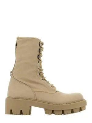 Prada Beige Canvas Lace-up Combat Boots - Brown