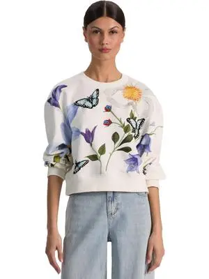 Alice + Olivia Embellished Crewneck Sweatshirt - Twisting Vines Off White