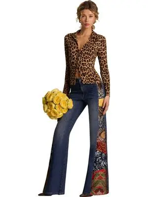 Alice + Olivia Alice + Olivia Freya Button-Down Top With Flared Cuffs Spotted Leopard
