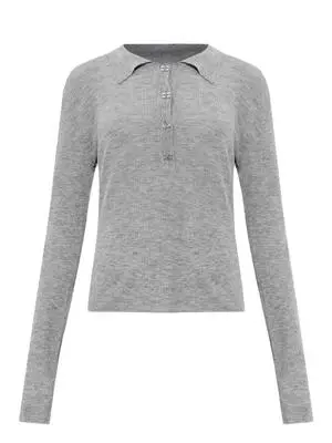 GANNI Ribbed Knit Polo Top - Grey