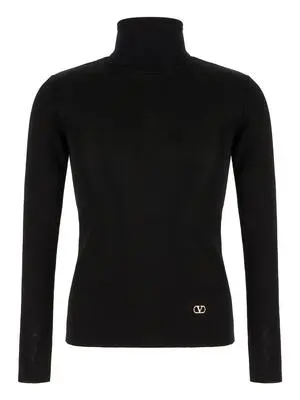Valentino Garavani Black Ribbed Knit Turtleneck With Gold Logo - Multicolor