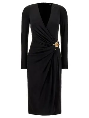 Versace Long Sleeve Ruched Dress With Medusa Buckle - Multicolor