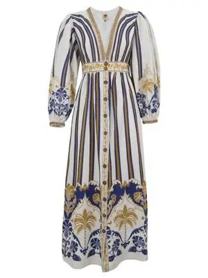 FARM RIO Farm Rio V-Neck Maxi Dress With Graphic Print And Striped Pattern