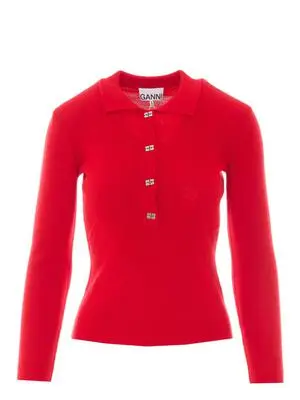 GANNI Ribbed Knit Collared Sweater With Button Detail - Red