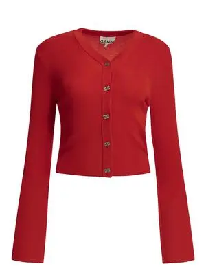 GANNI Ribbed V-neck Cardigan - Red