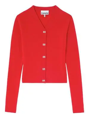 GANNI Ribbed V-neck Cardigan - Red
