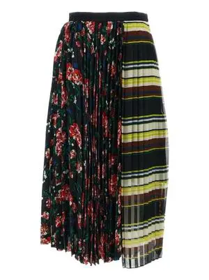 Sacai Floral-print And Striped Pleated Midi Skirt - Black