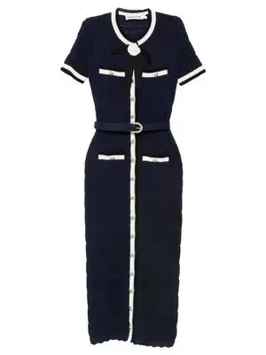 SELF-PORTRAIT Navy Pointelle Knit Midi Dress - Blue