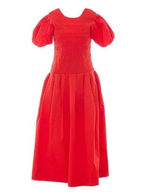 GANNI Smocked Cotton Dress With Puff Sleeves - Red
