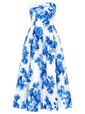 GIRL IN MIND Strapless Floral Print Midi Dress - Blue